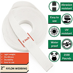 DEYACE 2 Inch Nylon Webbing Strap with Plastic Tri-Glide Slide Clips, 10 25 50 Yards Heavy Duty Nylon Strapping for Indoor or Outdoor Gear, DIY Crafting, Repairing (White, 2" x 10 Yards)