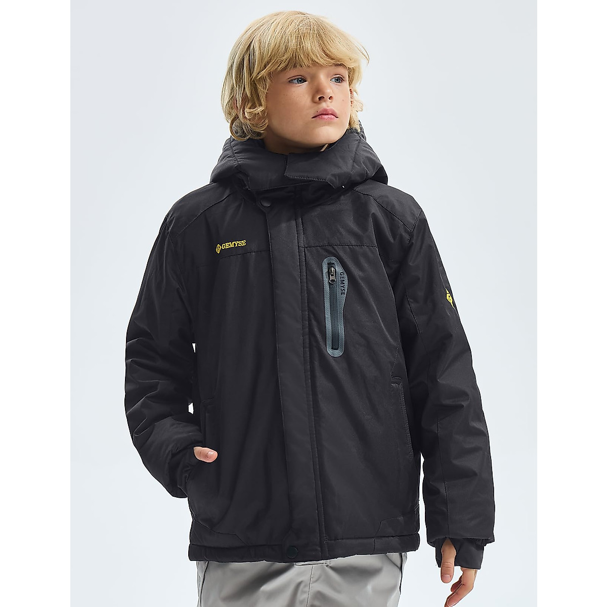 GEMYSE Boy's Waterproof Ski Snow Jacket Hooded Fleece Lined Windproof Winter Jacket (Black,10/12)