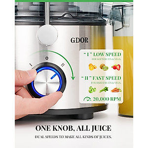 GDOR Powerful 1200W Juicer with Titanium Enhanced Cut Disc, Larger 3” Feed Chute Juicer Machines for Whole Fruits and Vegetables, Centrifugal Juicer with 40 oz. Juice Jug, BPA-Free, Easy to Clean, 3.0
