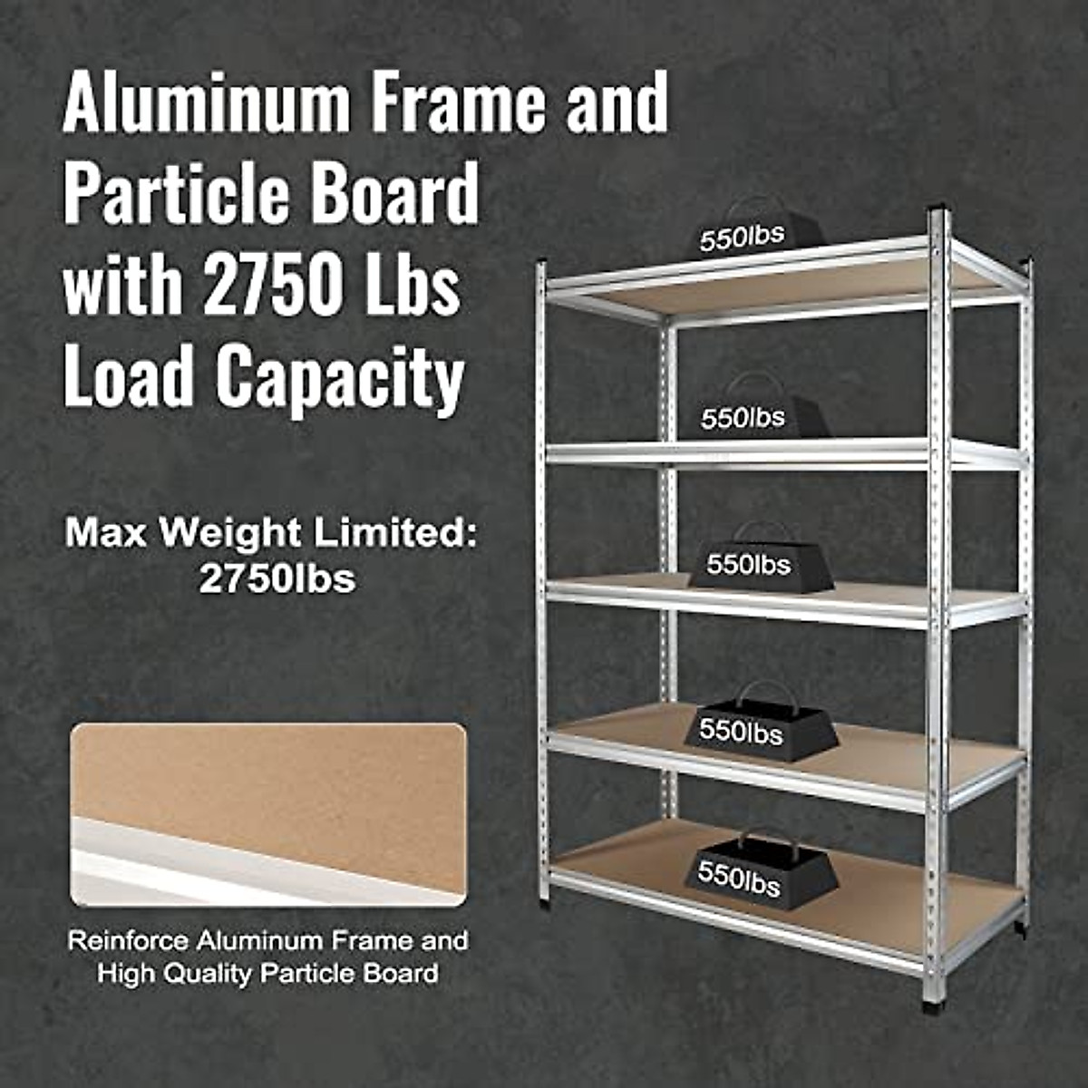 WORKPRO 5-Tier Storage Shelving Unit, 48”W x 24”D x 72”H, Adjustable Storage Rack Heavy Duty Aluminum Alloy Shelf, 2750 lbs Load Capacity (Total), for Garage, Kitchen, Bathroom, Warehouse, W082061