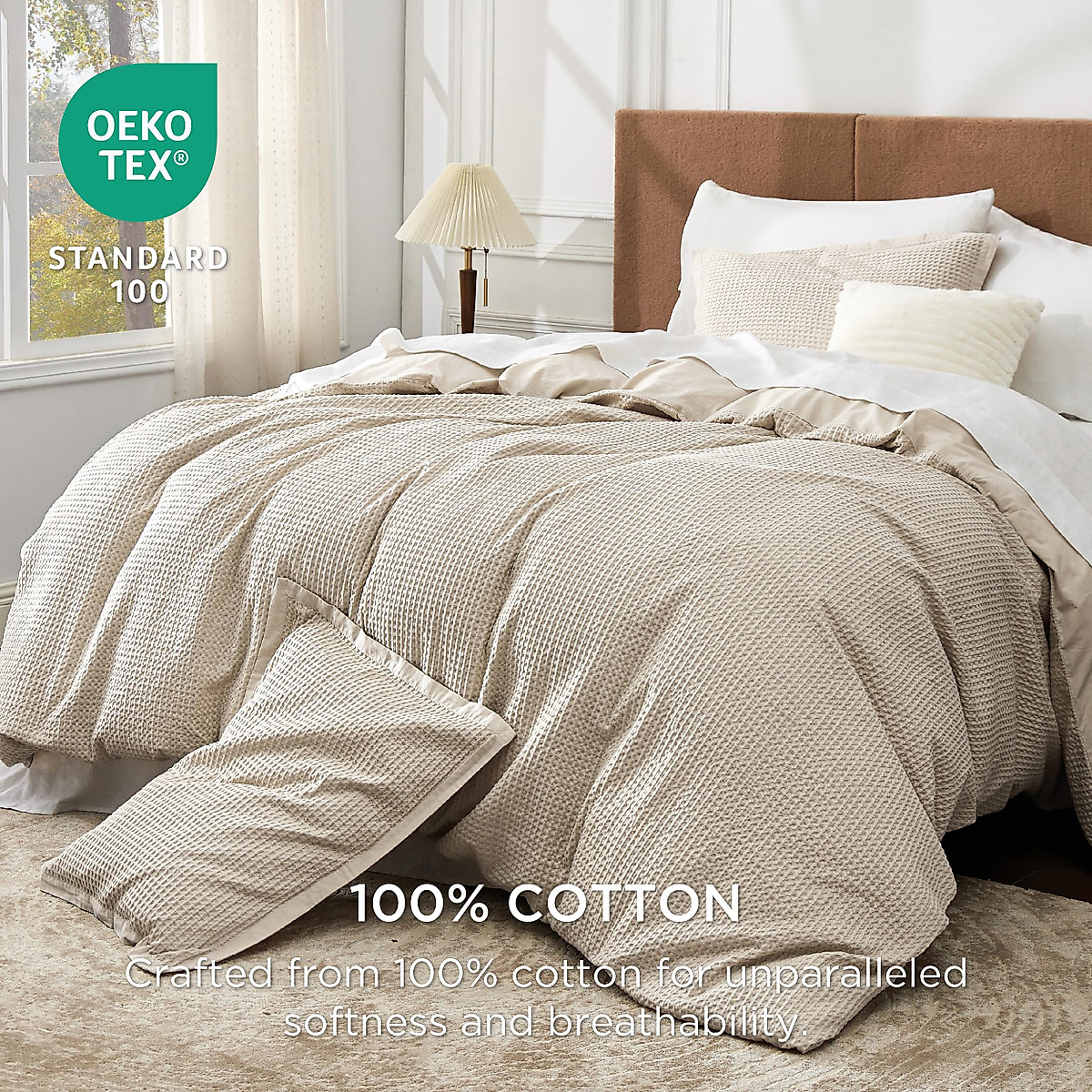 Bedsure Cotton Duvet Cover Queen Size - 100% Cotton Waffle Weave Beige Duvet Cover Queen Size, GentleSoft™ and Breathable Bedding Set for All Season, 3 Pieces, 90"x90"