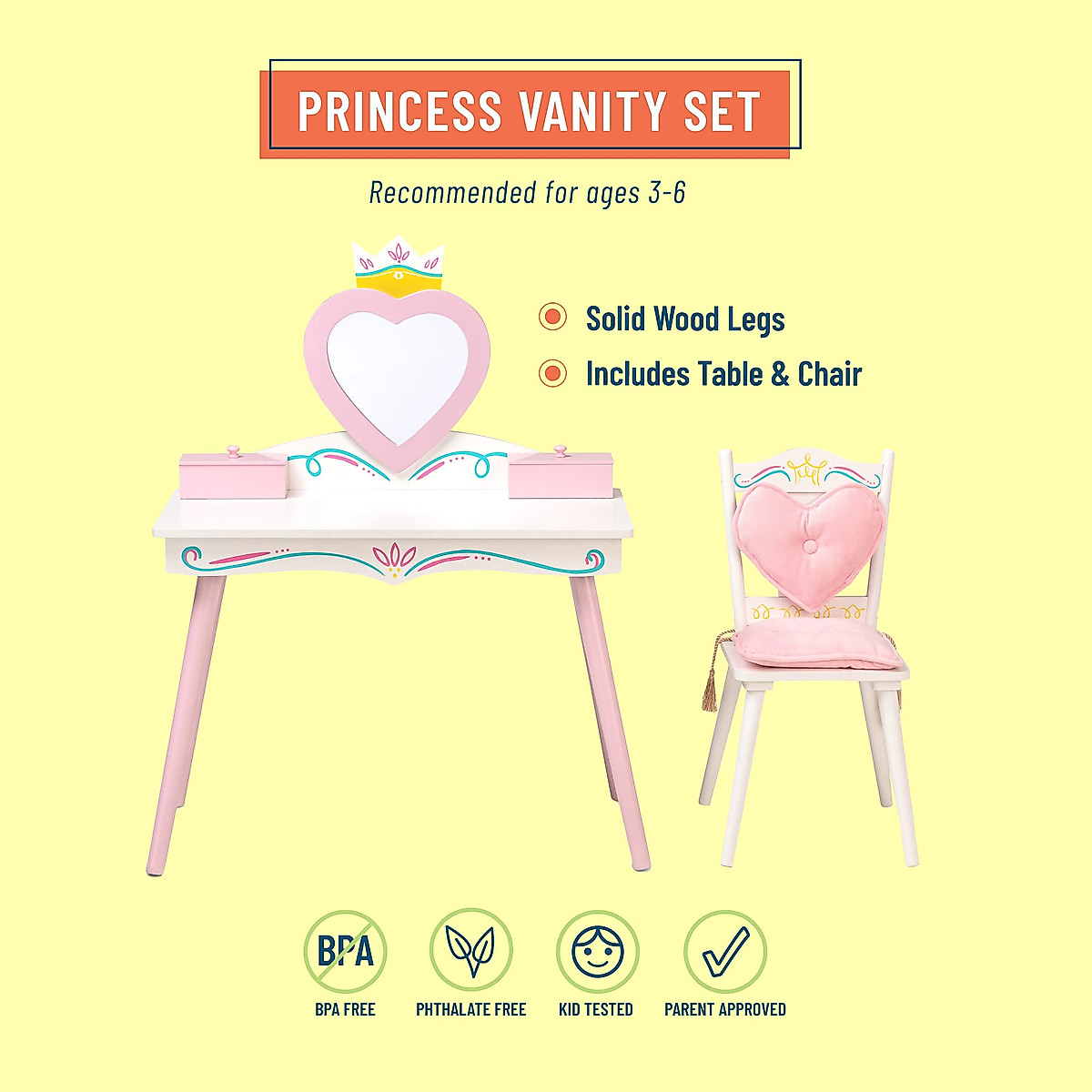 Wildkin Kids Princess Wooden Vanity and Chair Set for Girls, Vanity Features Mirror and Attached Jewelry Box and Music Box, Includes Matching Chair with Removable Backrest and Seat Cushion (White)