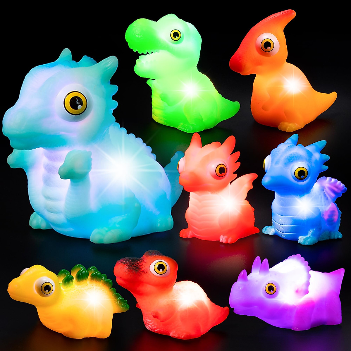 JOYIN 8Pcs Light Up Dinosaur Toys, Baby Bath Toy, Toddler Flashing Colourful LED Bathtub Toy, Bathtime Floating Soft Rubber Toy for Infant Boy Girl Birthday Gift Swimming Pool Party Favors Age 1 2 3