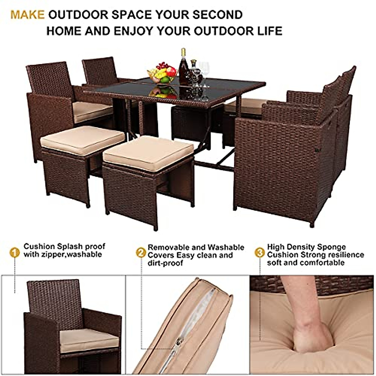 9 Pieces Wood Grain PE Wicker Rattan Dining Ottoman with Tempered Glass Table Patio Furniture Set, Stylish and Durable Patio Furniture for Outdoor, Wicker Patio Dining Set