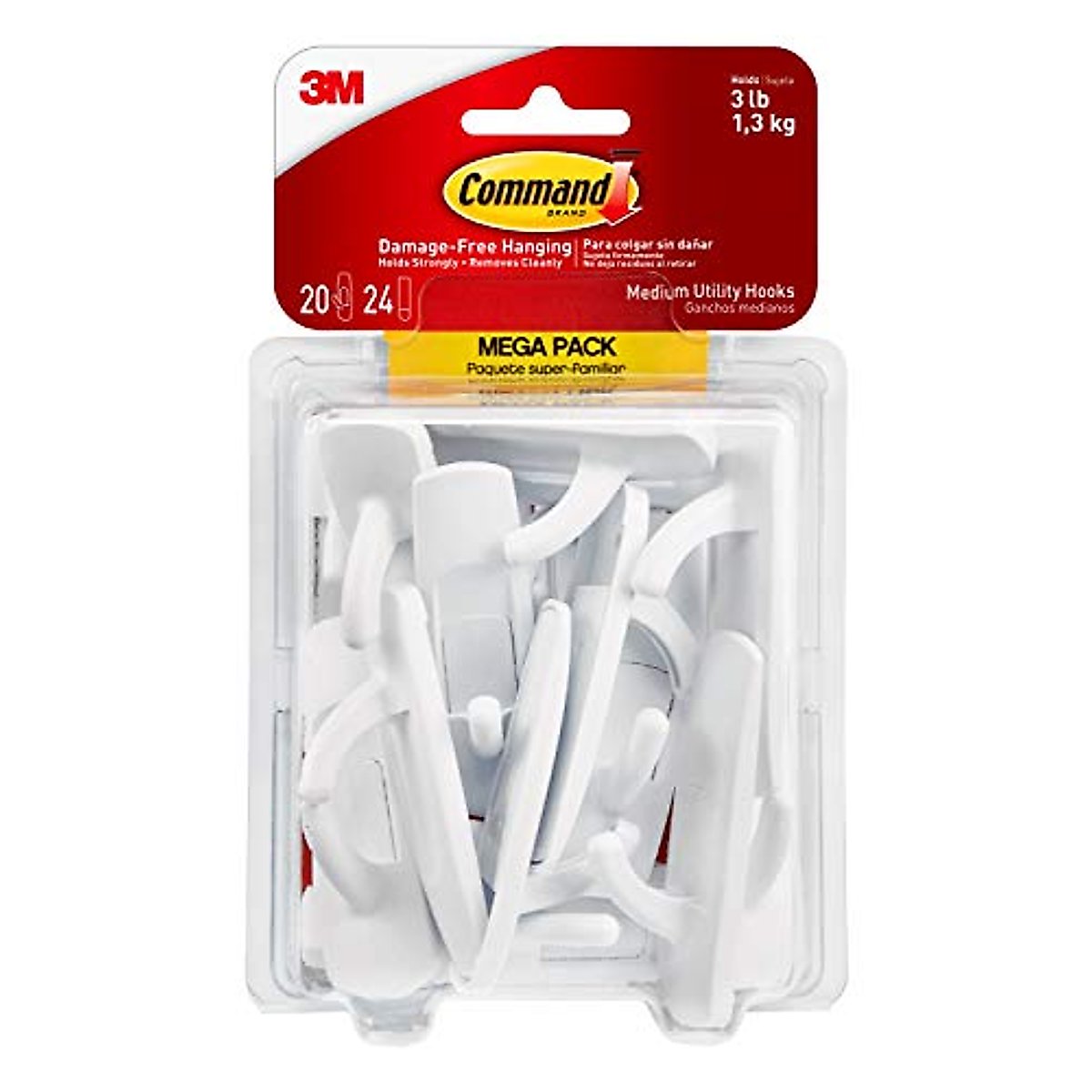 Command Medium Utility Hooks, Damage Free Hanging Wall Hooks with Adhesive Strips, No Tools Wall Hooks for Hanging Organizational Items in Living Spaces, 20 White Hooks and 24 Command Strips