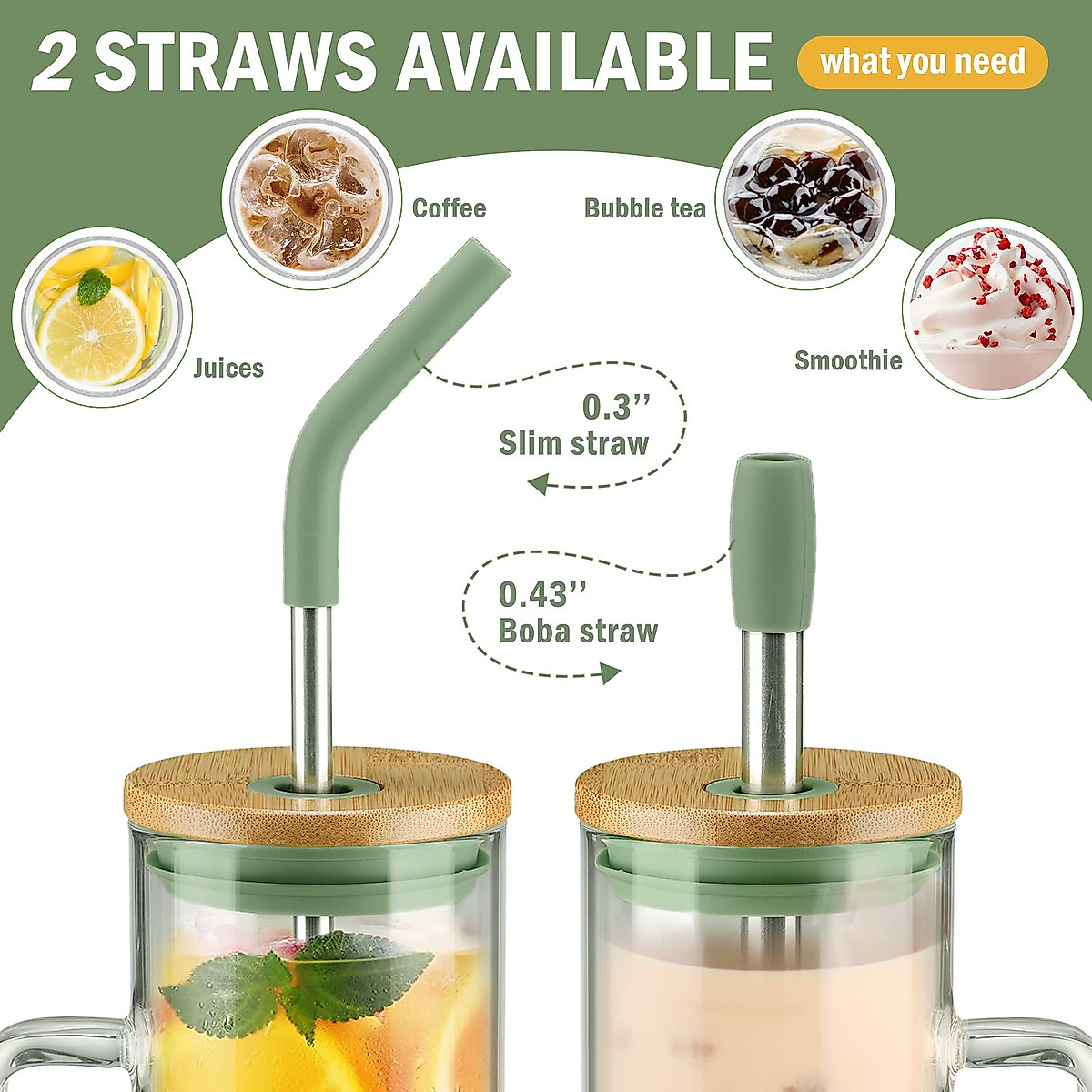 Kodrine Tumbler with Lid and Straw, 24 oz Glass Tumbler with Handle, Iced Coffee Cup Boba Smoothie Cup, Coffee Tumbler Water Tumbler Cups with Bamboo Lid Home Office Tumblers, Olive
