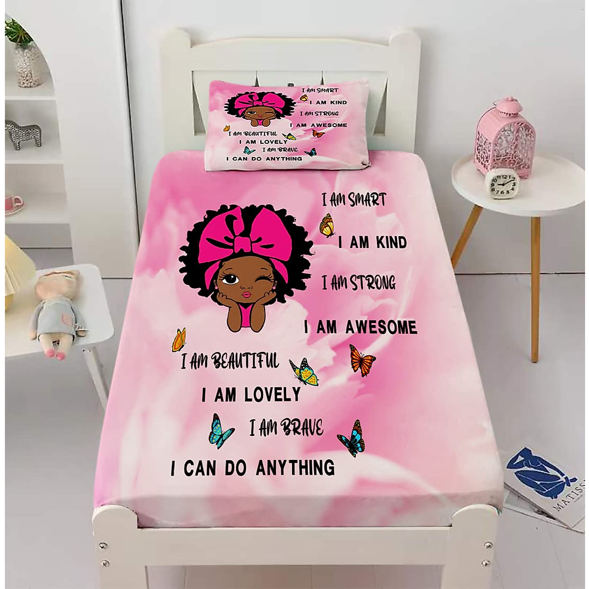 Black Girl Magic Bedding Sets Queen Size African American Girl Fitted Sheet Set Cute Little Afro Black Princess Bed Sheet Set for Girl Bedroom Room Decor (1 Fitted Sheet + 2 Pillowcases) Pink