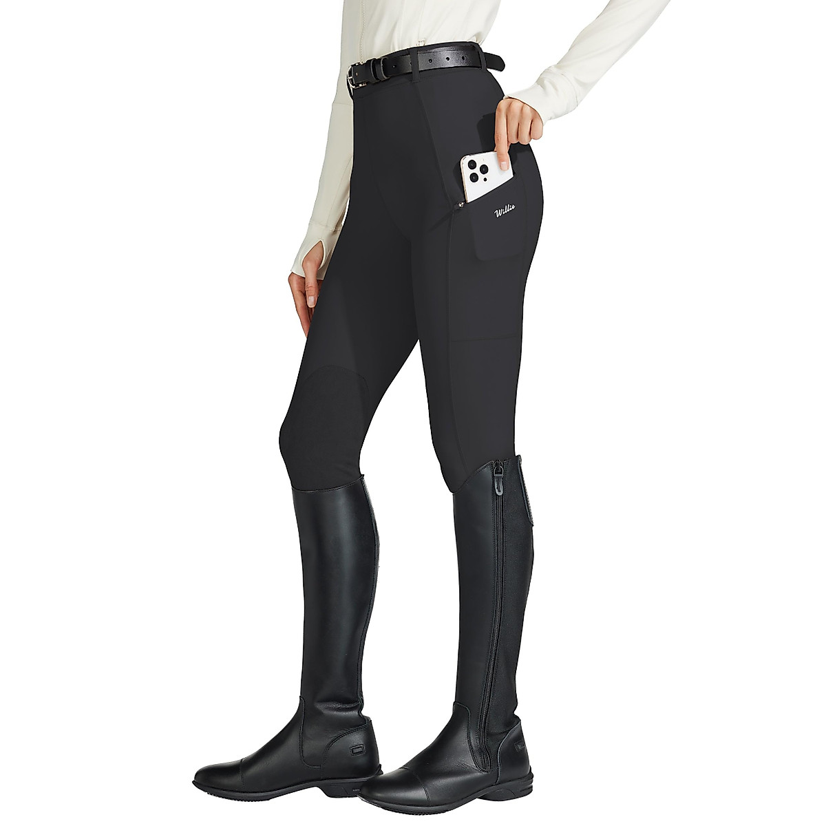 Willit Women's Horse Riding Pants Knee-Patch Equestrian Breeches Horseback Schooling Tights Zipper Pockets Black S