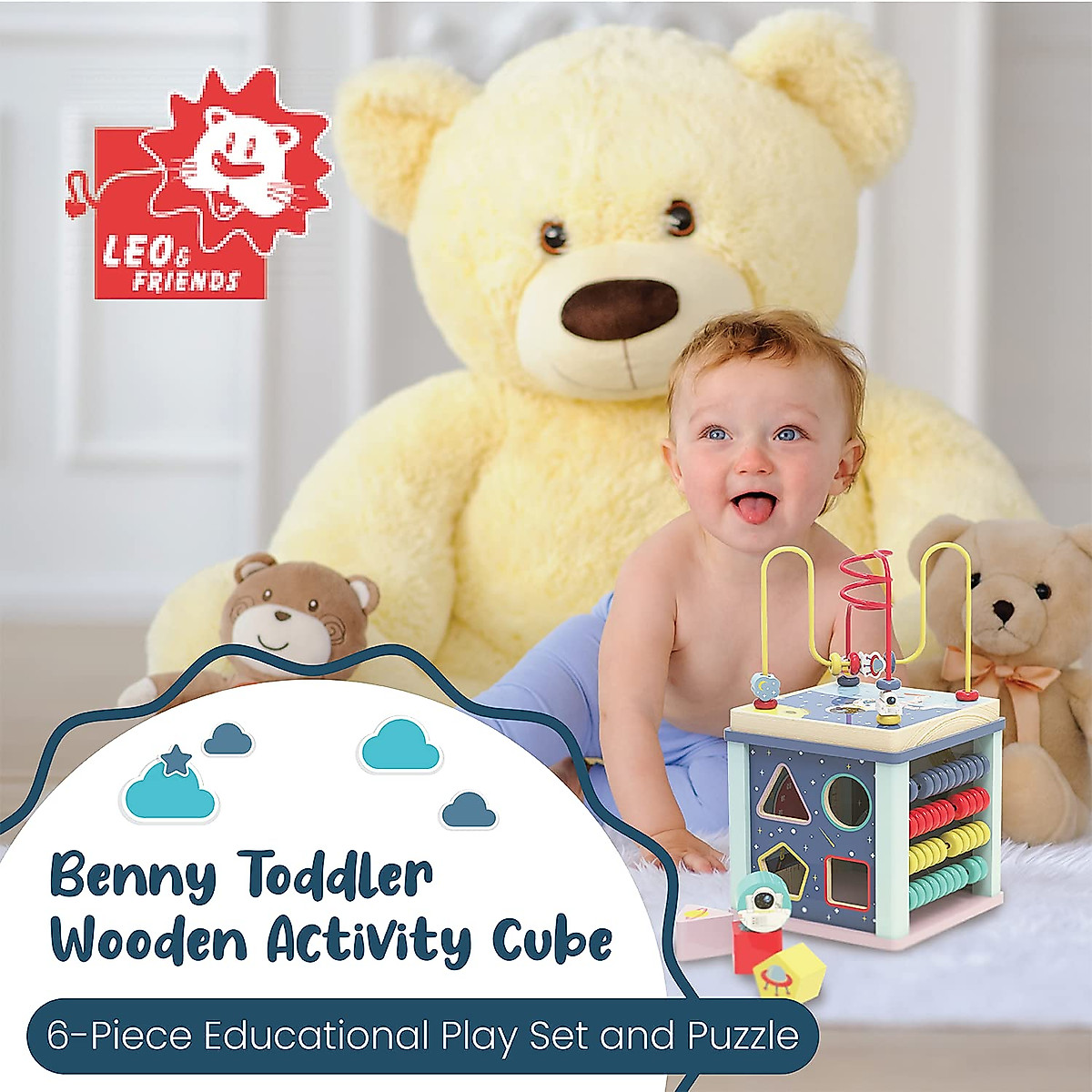 LEO & FRIENDS Benny Toddler Wooden Activity Cube, 6-Piece Educational Play Set and Puzzle | Baby Toy with Bead Maze for Boys and Girls | Endless Activity Options, Perfect Birthday Present