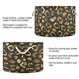 Krafig Gold Leopard Print Pattern Round Collapsible Storage Basket, Large Toy Storage, Laundry Baskets, Open Home Storage Bins for Toy Organizer, Home Decor, Clothes, Toys