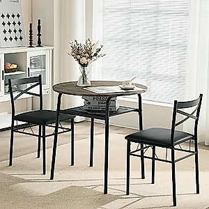 VINGLI 3 Piece Round Dining Set,29.5" Small Dining Table Set for 2,Round Kitchen Table with 2 Chairs Set for Small Space/Dining Room/Apartment,Upholstered Chairs,Metal Frame,Storage Shelf (Black)