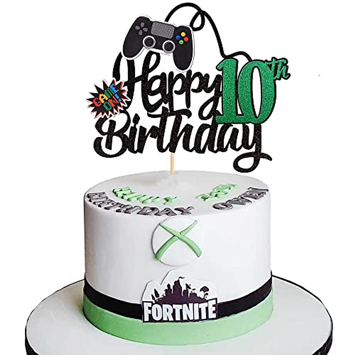 1 PCS Video Game Happy 10th Birthday Cake Topper Glitter Video Game Cake Pick Game On Controllers Ten Cheers to 10 Years Cake Decoration for Happy 10th Birthday Party Supplies Green