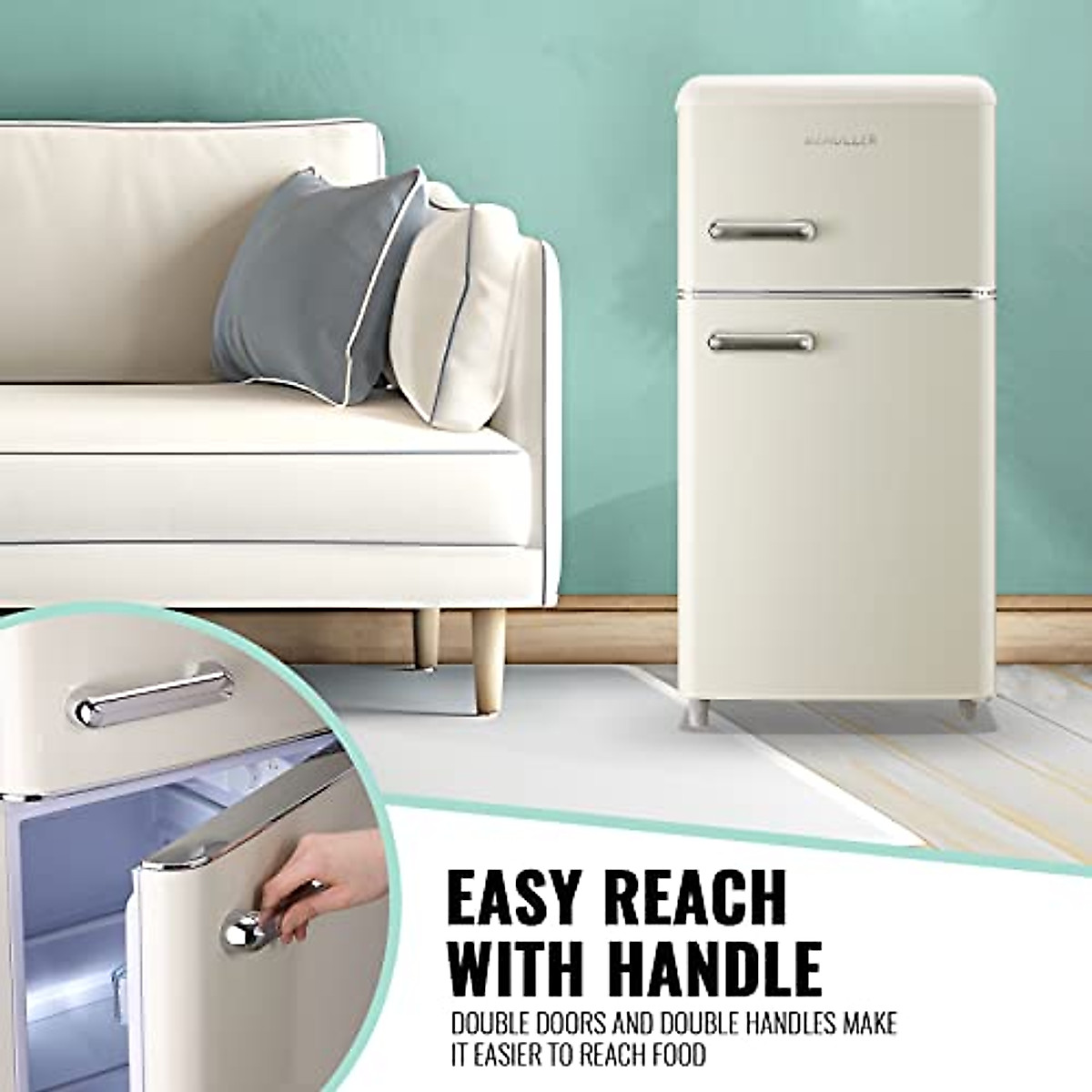 DEMULLER Retro Mini Refrigerator 3.5 CU.FT Dual Door Fridge with Handle Removable Glass Shelves 7 temperature control levels for Dorm, Office, Bedroom