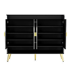 Linique Shoe Storage Cabinet with 10 Tier Shelf, Modern Shoe Organizer with Golden Metal Handle and Legs, Entryway Shoe Rack for Living Room Bedroom, Black, PVC Surface