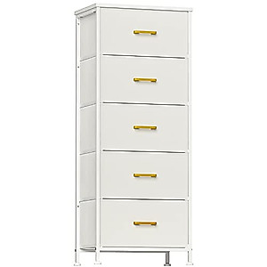 YILQQPER Dresser for Bedroom with 5 Drawers, Tall Storage Tower for Closet, Living Room, Nursery, White Dresser with Sturdy Steel Frame, Fabric Bins, Leather Finish, Wood Top (Glacier White)