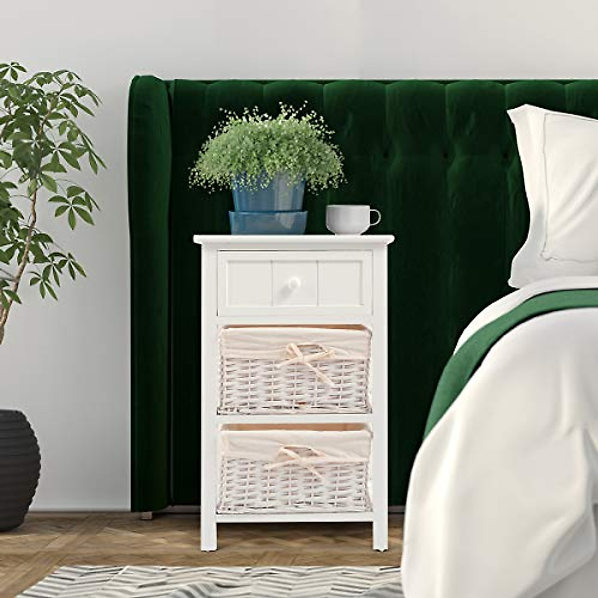 Giantex Nightstand with Drawers Wooden, W/ 2 Storage Baskets and Open Shelf for Bedroom, Bedside Sofa End Table (2, White)