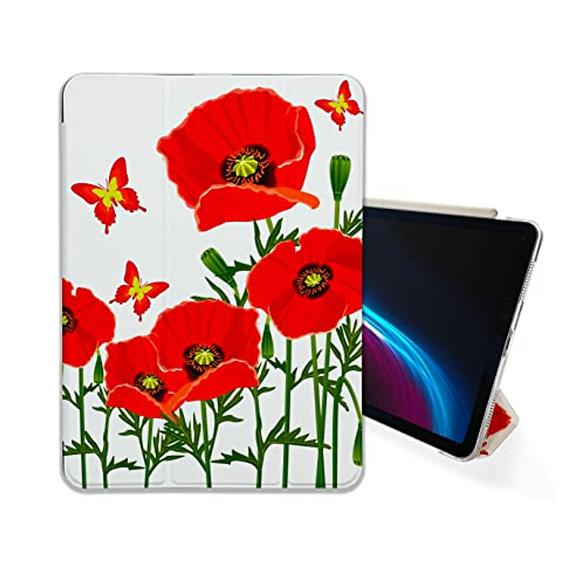 Cute Poppy Red Kawaii Flower case Compatible with iPad Mini Air Pro 7.9 8.3 9.7 10.2 10.9 11 12.9 inch Pattern Cover New 2022 2021 Trifold Stand 3 4 5 6 7 8 9 Generation 524 (12.9 Pro 3/4/5 gen)