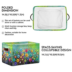 Foldable Storage Basket Green,Spring Flower Decorative Organizer Basket with PU Handles, Baskets for Shelves Home Closet Bedroom Living Room - 1 Pack
