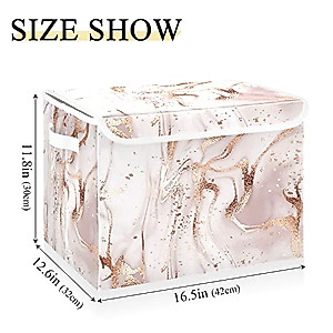 Kigai Storage Basket Rose Gold Abstract Marble Storage Boxes with Lids and Handle, Large Storage Cube Bin Collapsible for Shelves Closet Bedroom Living Room, 16.5x12.6x11.8 In