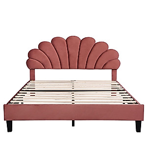 Okak Queen Size Upholstered Platform Bed Frame with Flower Pattern Velvet Headboard Velvet Fabric Bed Frame for Bedroom,Guestroom,Easy Assembly, Mattress Foundation,Bean Paste Red