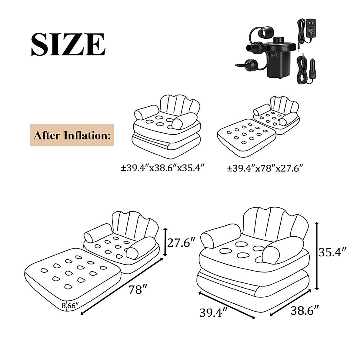 KAERMU Inflatable Sofa with Air Pump Outdoor Adult Lazy Sofa Multifunctional Five in One Inflatable Bed Convenient Foldable Lounge Chair,PVC Flocking,Perfect for Relaxing and Reading（Blue）