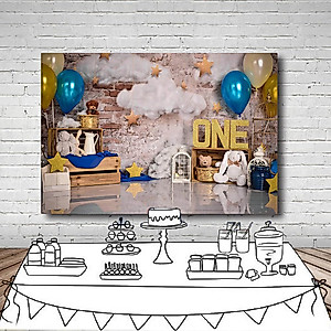 MEHOFOTO Blue and Gold Boy One Birthday Photo Studio Portrait Backdrop Props Balloons Cloud Stars Retro Wall Happy 1st Birthday Party Decorations Photography Background Banner 7x5ft