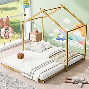 Merax Metal Twin Size House Platform Bed with Trundle, Floor Bed Frame with Roof & Slat, Twin to King Design Playhouse Beds for Kids, Gold