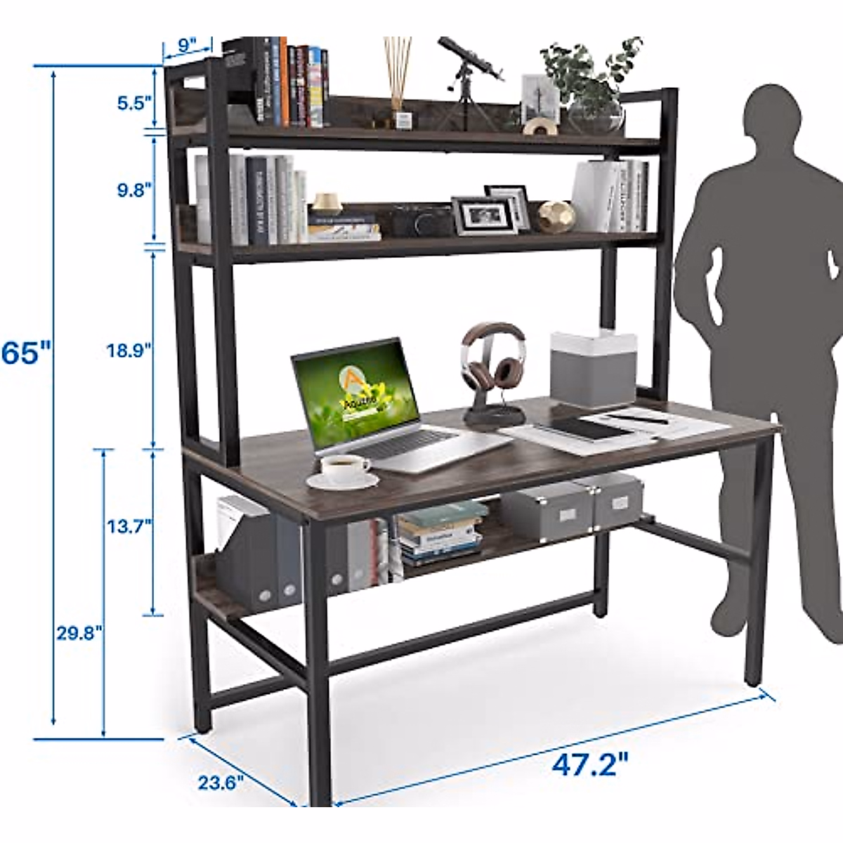 Aquzee Desk with Hutch, (Grey) 65 Inches Height Computer Desk with Space Saving Design, Metal Legs Desk with Bookshelf and Storage Shelves, Easy Assemble