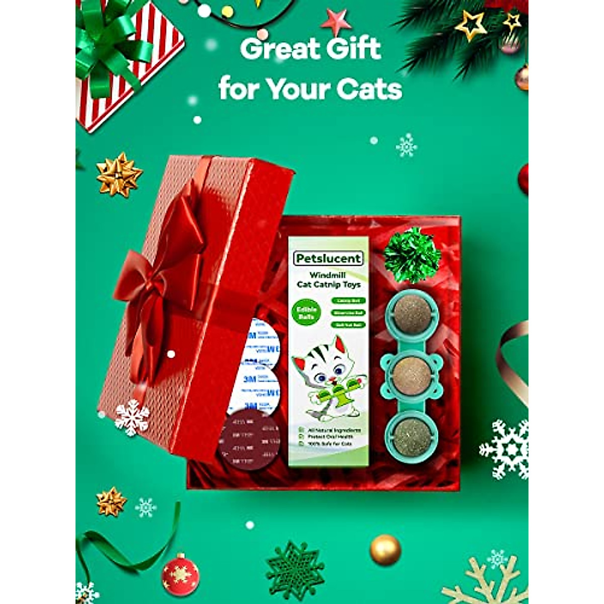 Petslucent Catnip Ball for Cats Wall, 3in1 Cat Toys Wall Ball Mint Balls Lick Roller, Cat Nip Silvervine Edible Kitty Safe Healthy Kitten Teeth Cleaning Dental Cat Toy Chew Toys Indoor