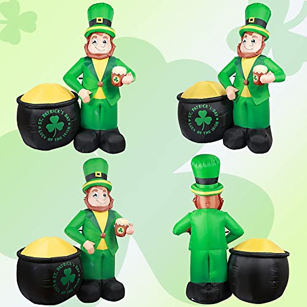 GUDELAK 6FT St Patricks Day Inflatables Outdoor Decorations, Inflatable Leprechaun with Gold Pot and Holding Beer in Hand with Build-in LEDs Lights for Indoor Outdoor Lawn Yard St Patricks Day Decor