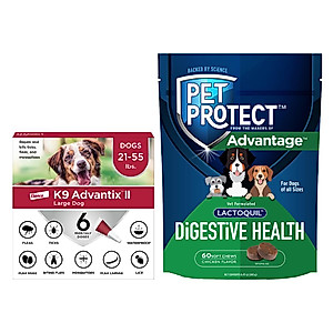 Bundle of K9 Advantix II Large Dog| Dogs 21-55 lbs. | 6-Mo Supply + Pet Protect Dog Digestive Health Supplement 60 Chews