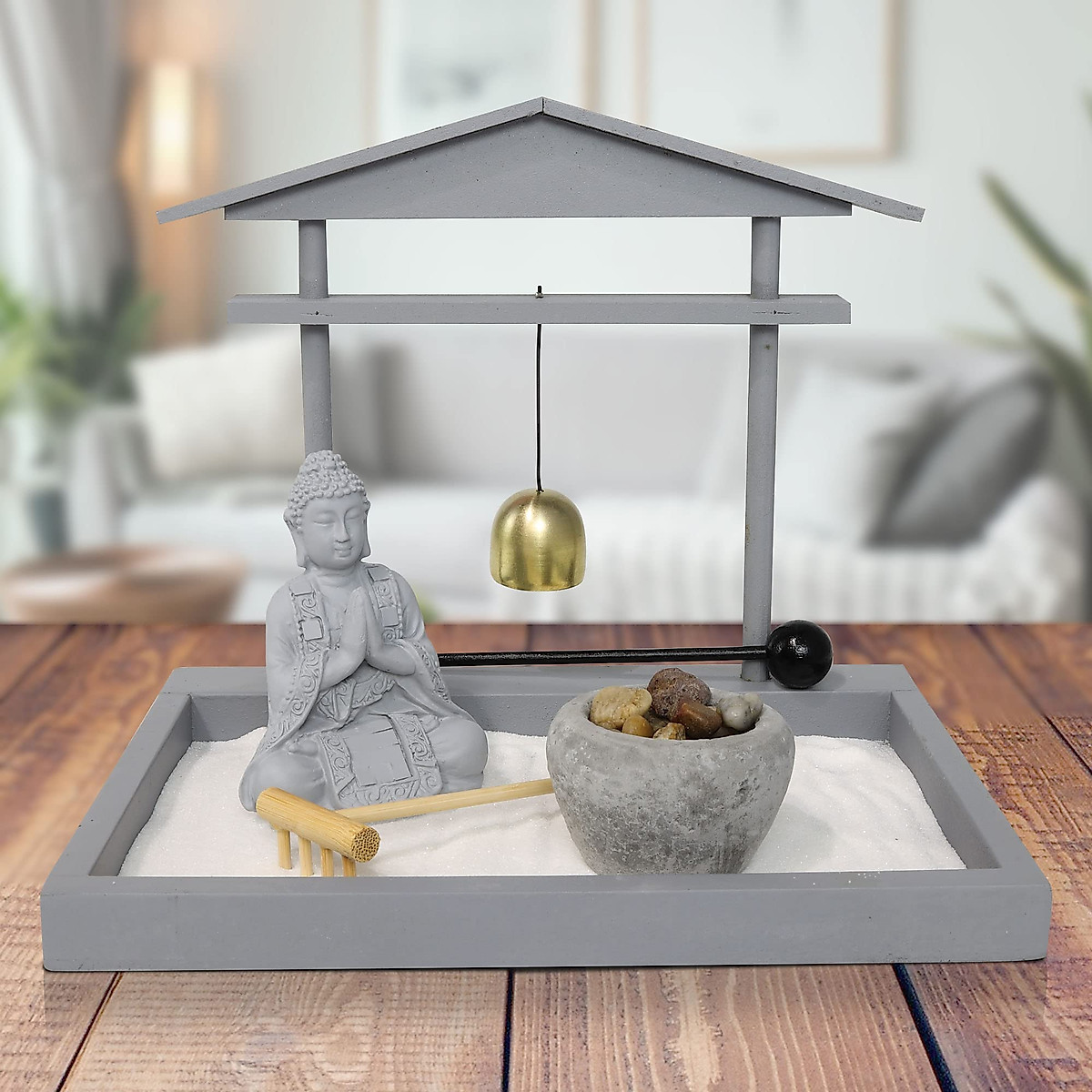 Gray Japanese Zen Garden Sand Box with Miniature Gold Bell Design - Mini Buddha Statue in Sand - Perfect Meditation Gifts for Relaxation and Mindfulness - Perfect Home and Office Decor