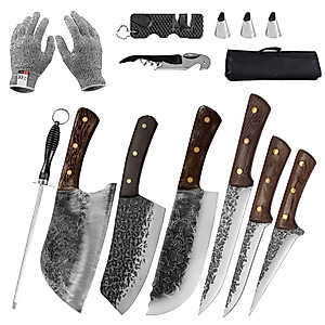 FULLHI 12pcs Chef/Butcher Fish Knife Set, High Carbon Steel Hand Forged Boning bbq Knife Set With Knife Bag for Kitchen, Camping, BBQ