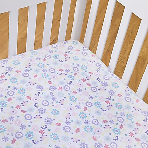 NoJo 100% Cotton Fitted Crib Sheet, Multi Floral, Lavender/Aqua/Pink/Yellow