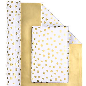 WRAPAHOLIC Reversible Wrapping Paper - Mini Roll - 17 Inch X 33 Feet - Gold Print and Delicate Polka Dots Design for Birthday, Holiday, Wedding, Baby Shower