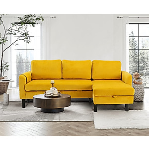 Modern Velvet Pull Out Sleeper Sofa Bed with Chaise, Comfy L Shaped Convertible Sleeper Couch with Storage and Pocket, Sectional 3 Seat Couch for Living Room Furniture or Office, Smooth Back - Yellow