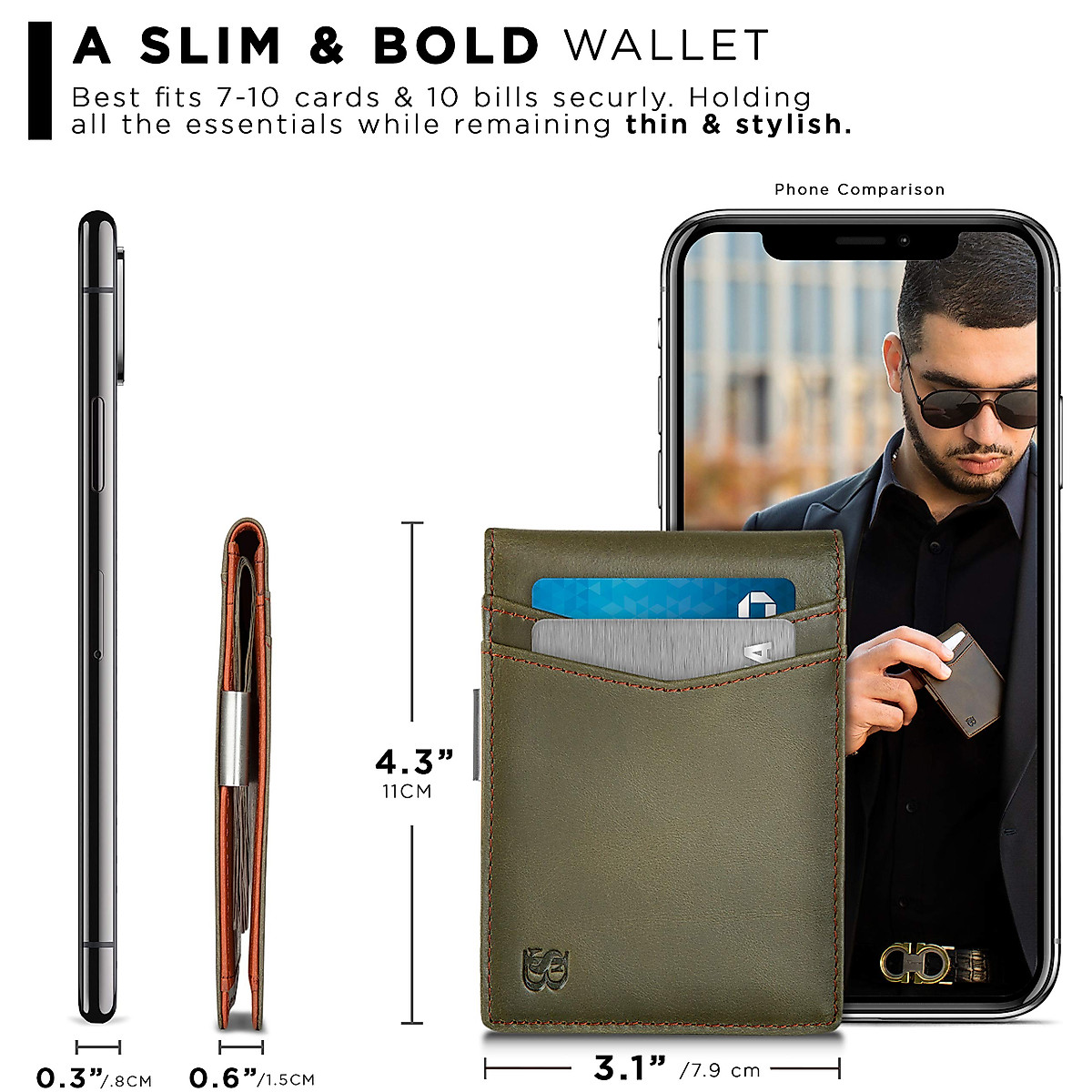 SERMAN BRANDS Money Clip Wallet - Mens Wallets slim Front Pocket RFID Blocking Card Holder Minimalist Mini Bifold (Salted Green Transformer)