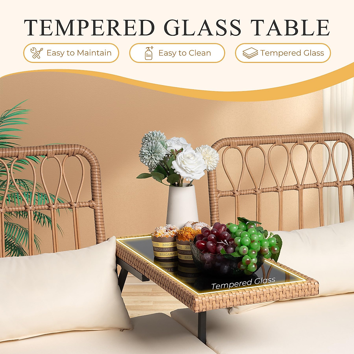 PROHIKER Patio Furniture Outdoor Rattan Loveseat 2-Seat with Built-in Table, Lumbar Pillows and Cushions, All-Weather Wicker Loveseat Porch Chairs for Balcony, Lawn, Backyard