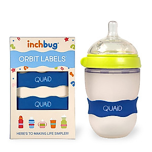 InchBug Orbit Labels - White Contrasting Personalization Silicone Baby Bottle & Sippy Cup Bands - Reusable, Dishwasher Safe, Engraved Name Labels for Daycare, 4-Pack (Nautical Navy)