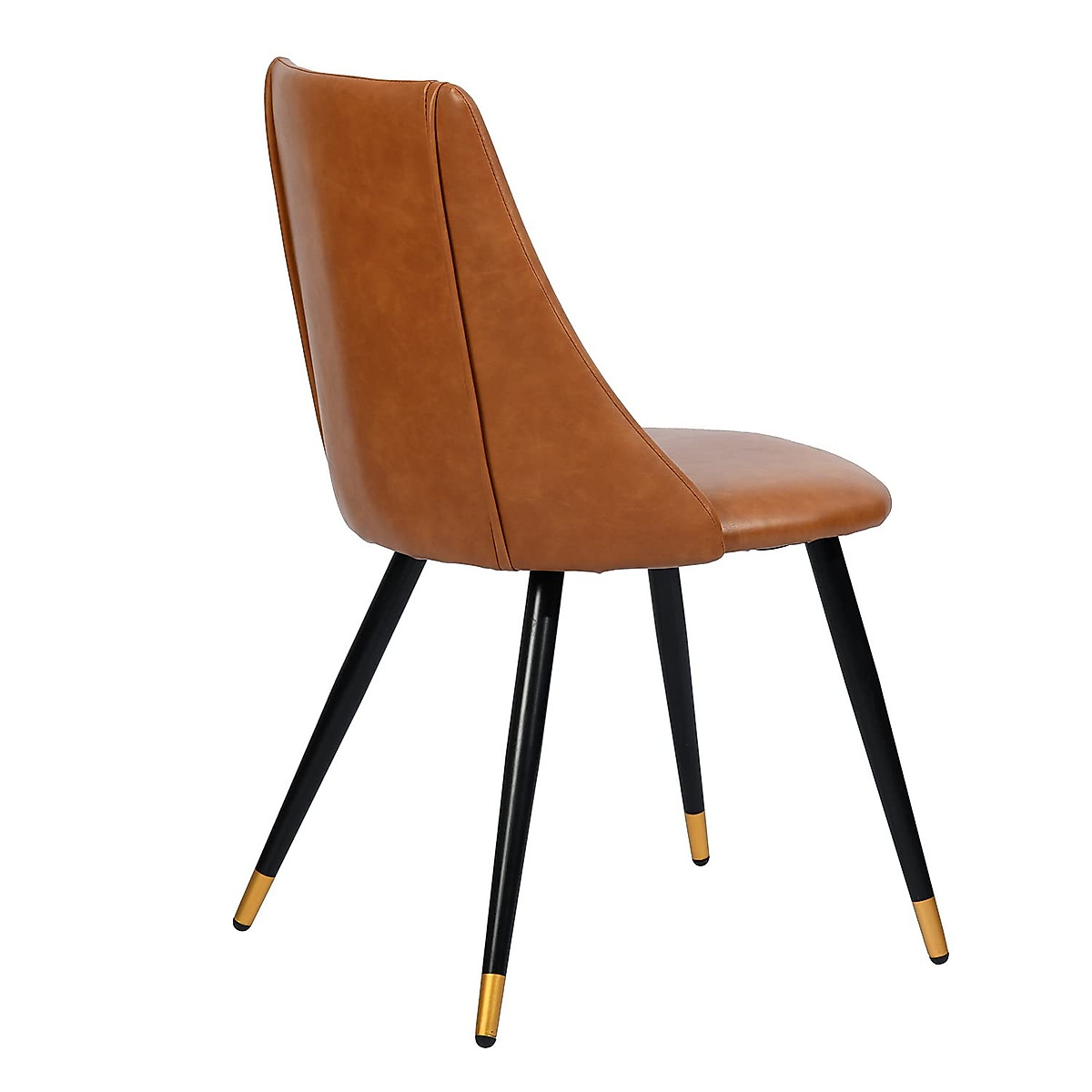 FurnitureR Modern Set of 2 Upholstered Accent Mid Century Armless Leisure Kitchen Living Room Faux Leather Desk Side Metal Black Gold Legs Dining Chair, 19.5" D x 17.7" W x 32.5" H, Cognac