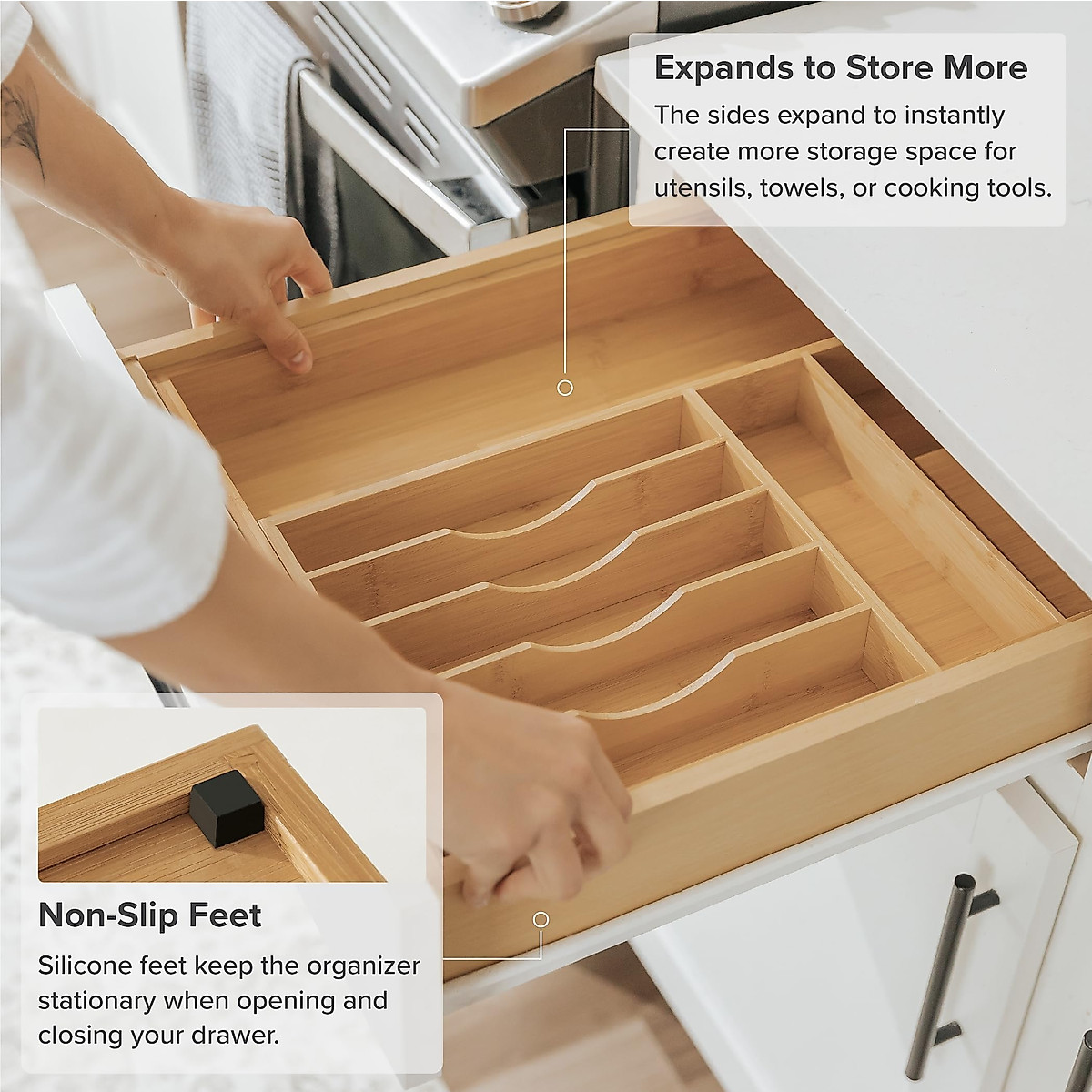 KitchenEdge Premium Silverware, Flatware and Utensil Organizer for Kitchen Drawers, Food-Safe Contract Grade, Expandable from 10.5 to 19 In, Natural Bamboo