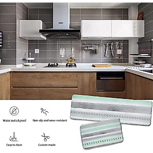 DERTYV 2 Pcs Kitchen Rug Set, Mint Green Gray Watercolour Stripes Non-Slip Kitchen Mats and Rugs Soft Flannel Non-Slip Area Runner Rugs Washable Durable Doormat Carpet