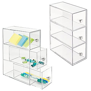 mDesign Plastic Stackable Desktop Organizer Tower Storage Station with 3 Drawers for Home Office - Holds Pens, Sticky Notes, Binder Clips, Notepads, or Gel Pens - Lumiere Collection - 2 Pack - Clear