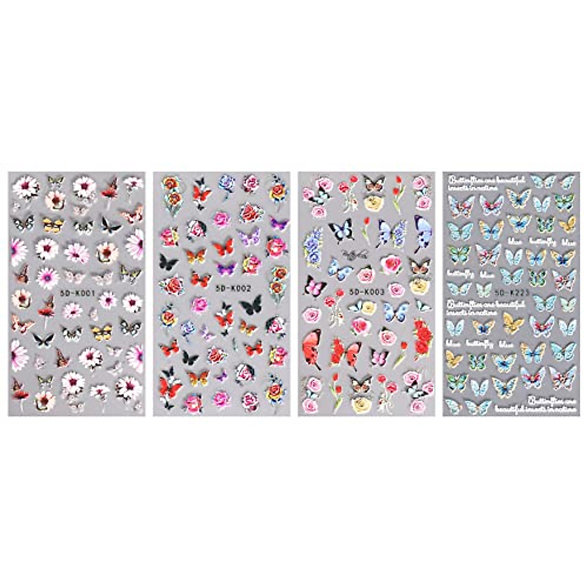 JMEOWIO 3D Embossed Spring Butterfly Flower Nail Art Stickers Decals Self-Adhesive Pegatinas Uñas 5D Colorful Nail Supplies Nail Art Design Decoration Accessories 4 Sheets