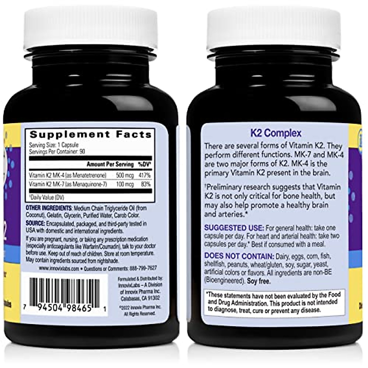 InnovixLabs Full Spectrum Vitamin K2 with MK-7 and MK-4, All-Trans Bioactive K2, 600 mcg K2 per Pill, Soy & Gluten Free, Non-GMO, 90 Capsules, Supports Healthy Bones & Arteries Vitamin K2 MK7 + MK4
