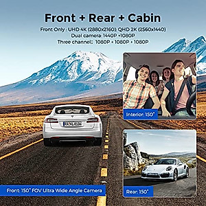 AZDOME M560-3CH Dash Cam 3 Channel, Built in WiFi GPS, 128GB eMMC Storage, 4” IPS Touch Screen, Front Cabin Rear 1080P Dash Camera for Cars, 1440P+1080P Dual, IR Night Vision, Capacitor, Parking Mode