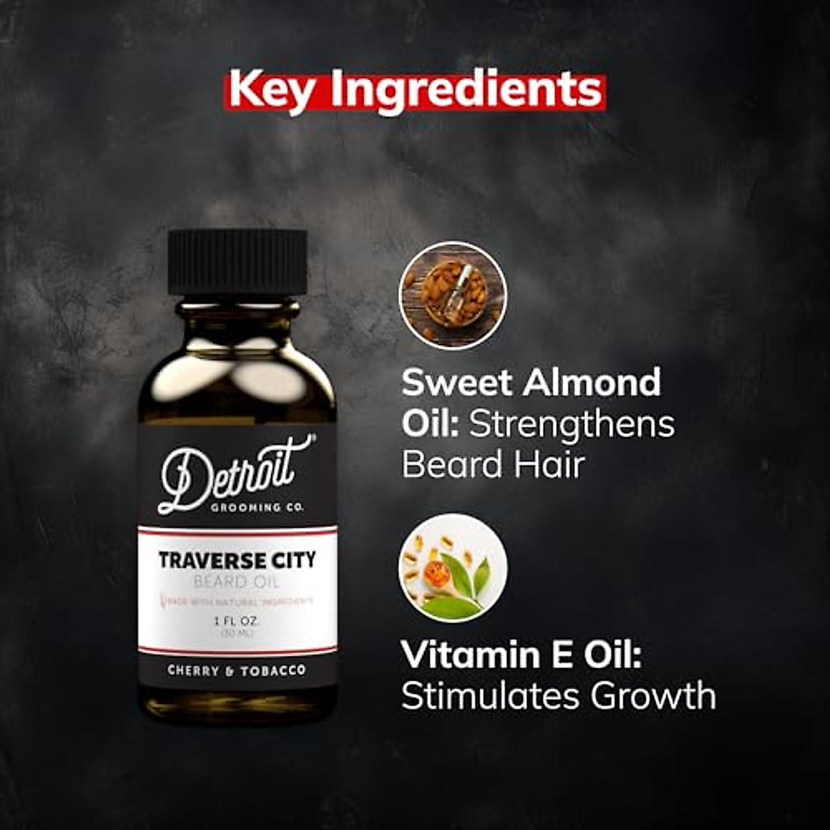 Detroit Grooming Co. Beard Oil – All-Natural, Hydrating Formula with Natural Oils, Vitamin E – Beard Oil (Cherry & Tobacco) – 1 oz (Traverse City)