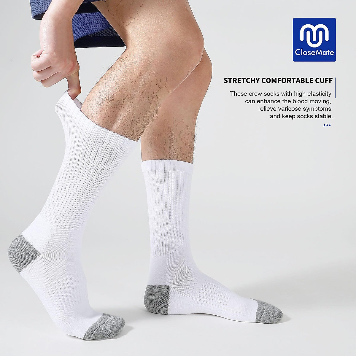 Closemate 6 Pairs Mens Cushion Crew Socks Moisture Wicking Athletic Cotton Socks for Sport Training Work(6White, Size L)