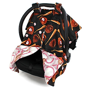 Dear Baby Gear Deluxe Reversible Car Seat Canopy, Custom Minky Print, Baseball Bat Glove