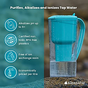 Alkanatur Alkaline Water Filter Pitcher removes Fluorides, Chlorine, Heavy Metals, impurities, etc., Alkaline, Ionized, Hydrogenated Water, high pH of 9.5, adds Magnesium - Most Certified Pitcher